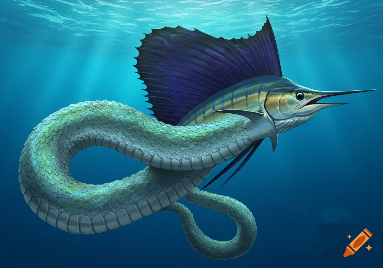 Illustration of a sailfish and snake hybrid creature swimming ...