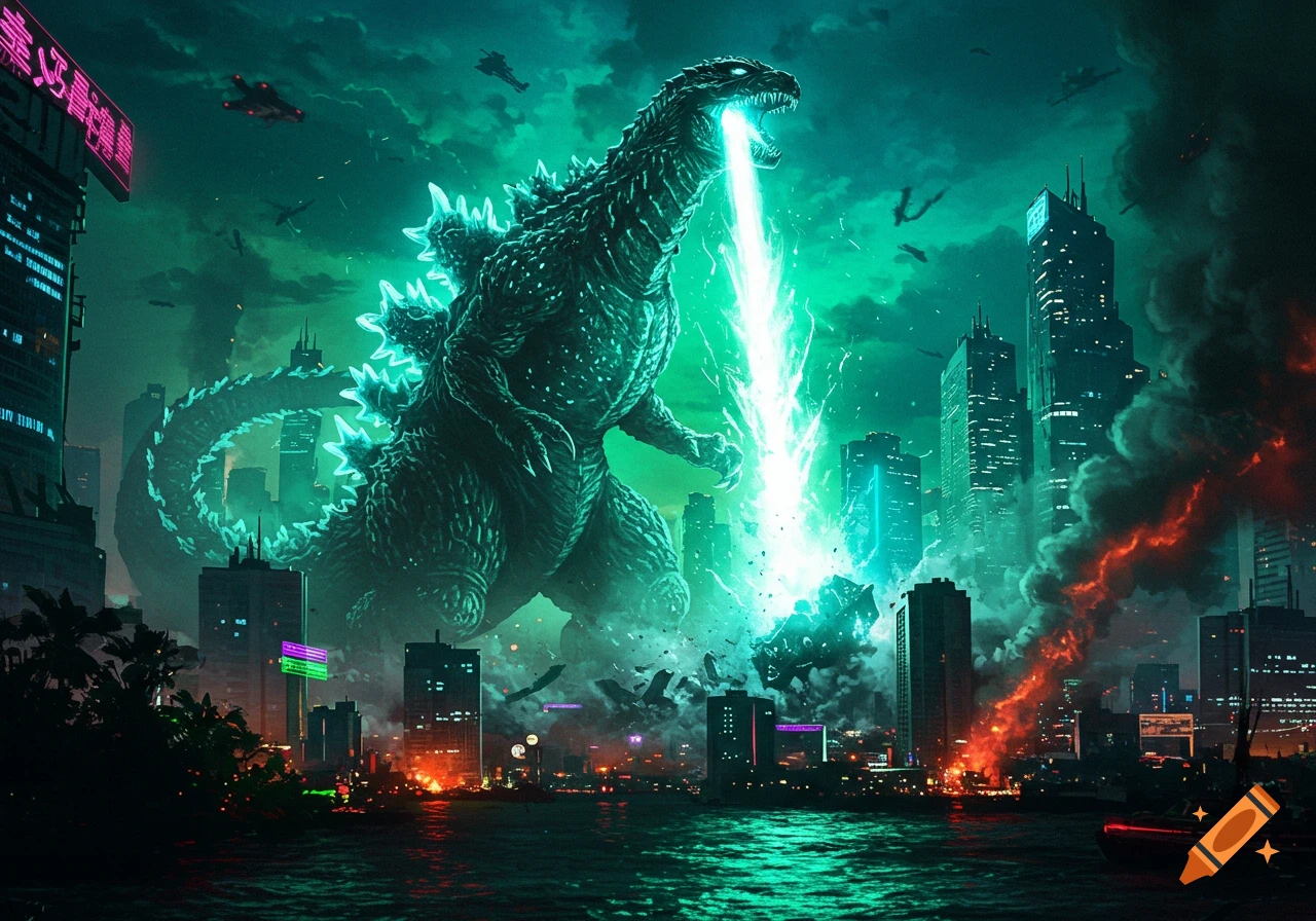 Godzilla attacks a city at night with atomic breath in a scifi style. on Craiyon