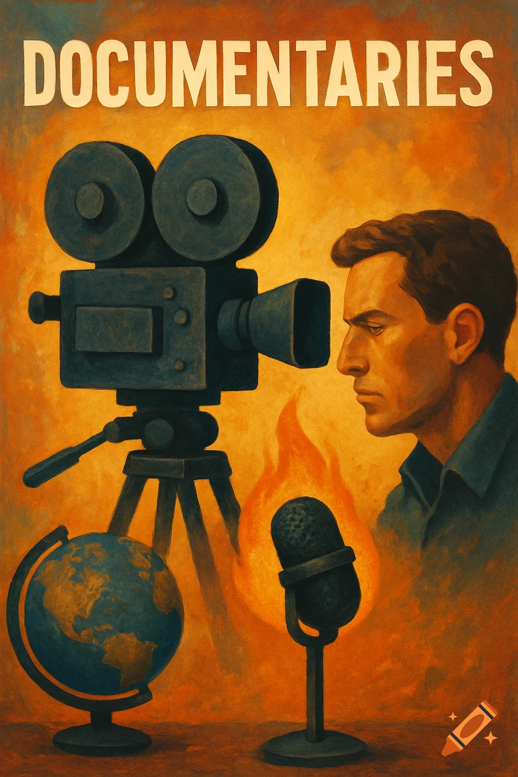 Poster for documentaries with vintage film camera, globe, microphone ...