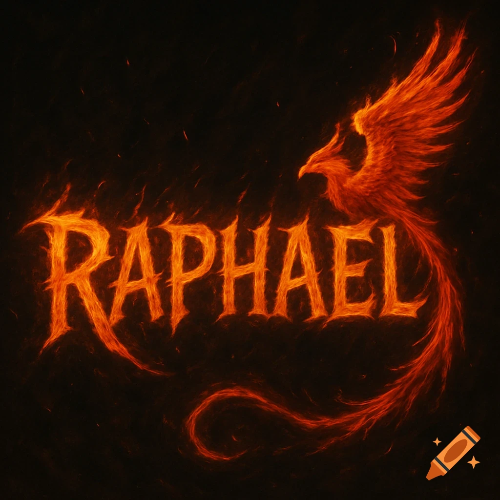 Fiery text spelling RAPHAEL with a phoenix emerging from it on Craiyon