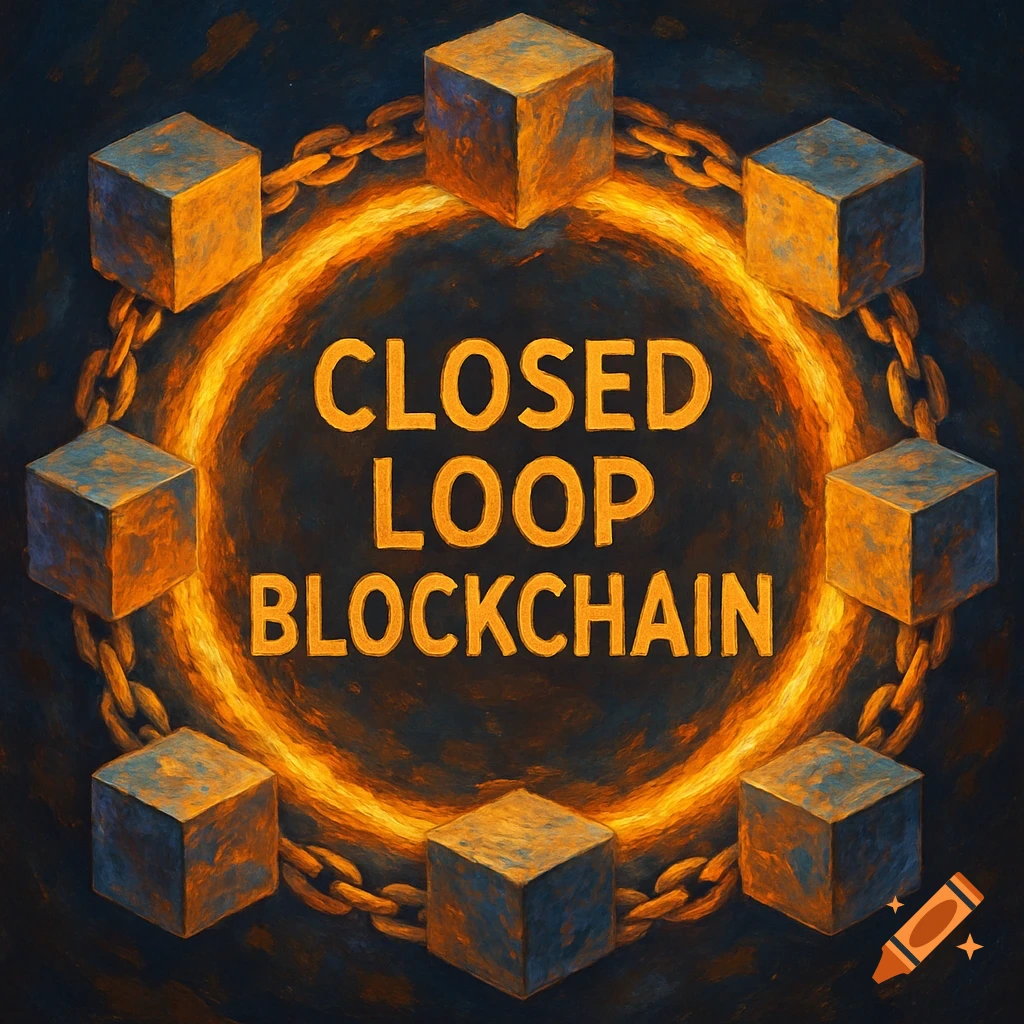 CLOSED LOOP BLOCKCHAIN text in an orange ring with cubes and a chain ...