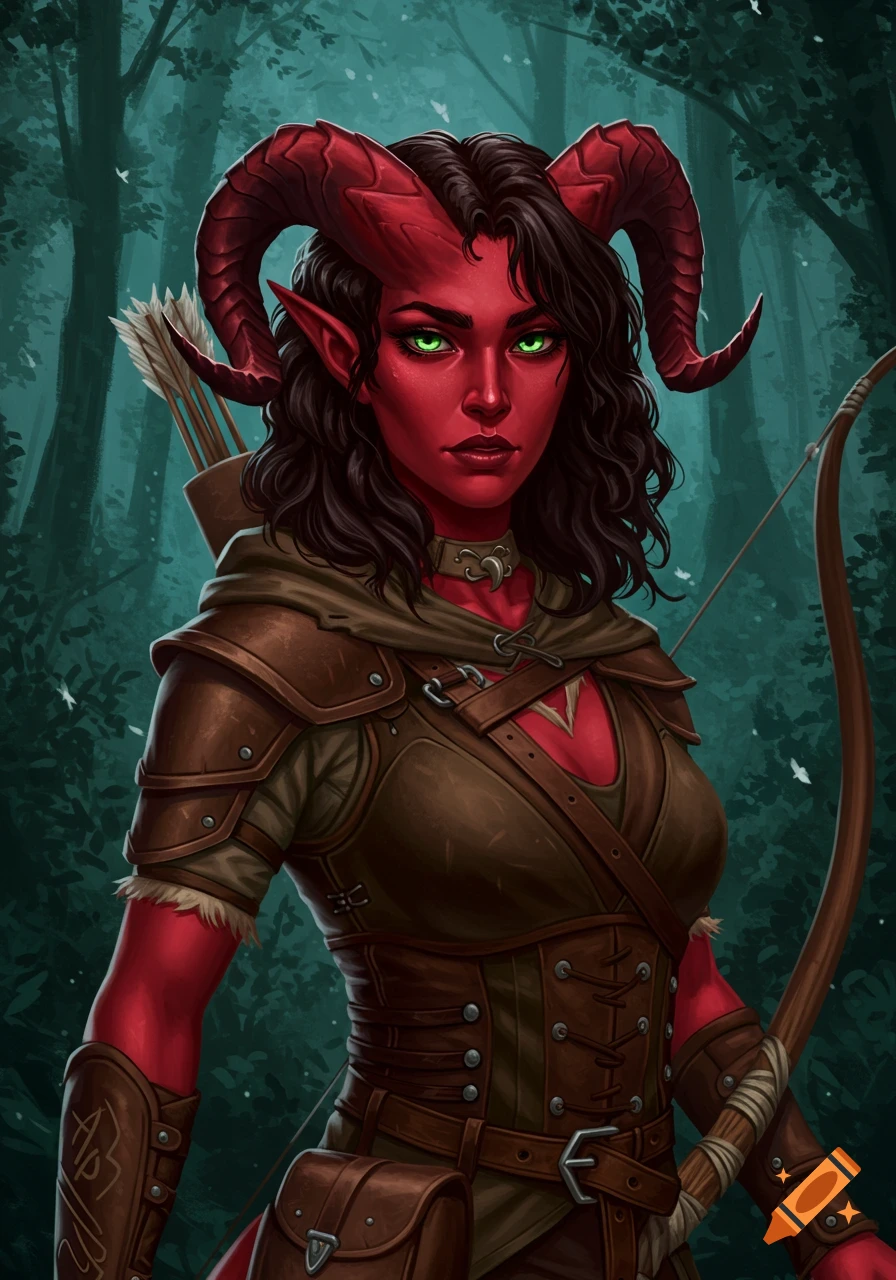 Digital painting of a female Tiefling ranger with red skin and horns in a forest. on Craiyon
