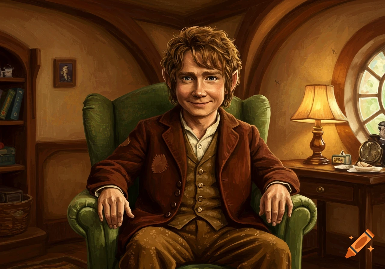 Painting of Bilbo Baggins sitting in a green armchair in a cozy hobbit ...