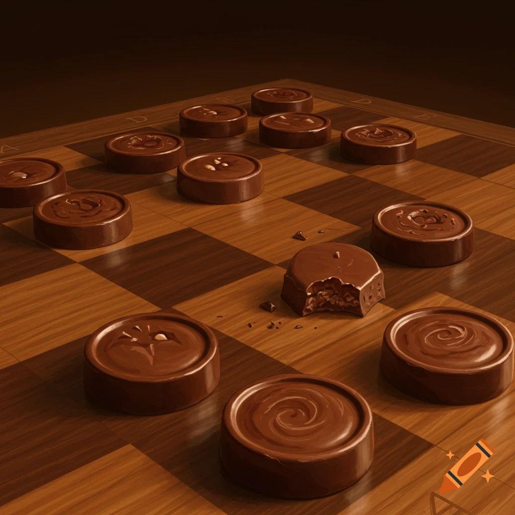 Chocolate checker pieces on a wooden board, with one piece bitten. on ...
