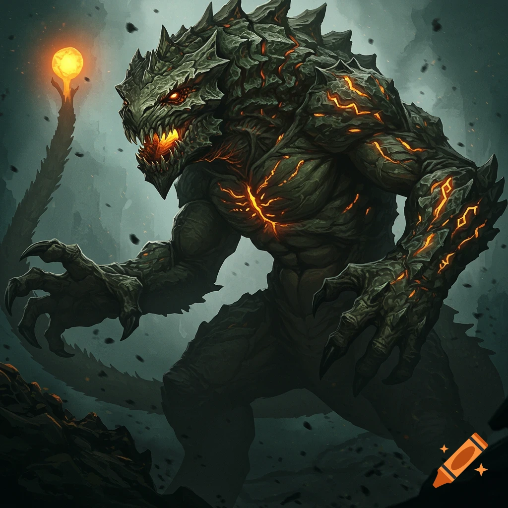 A large fantasy monster with glowing orange cracks in its skin and ...