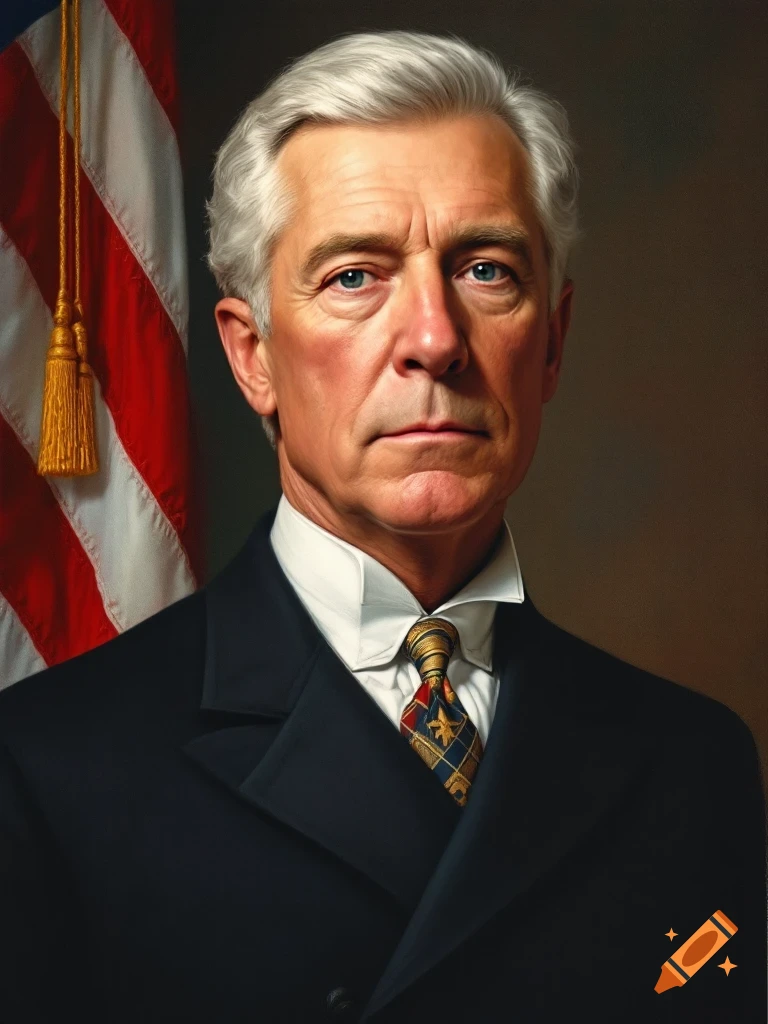 Portrait painting of an older man in a suit and tie against an American ...