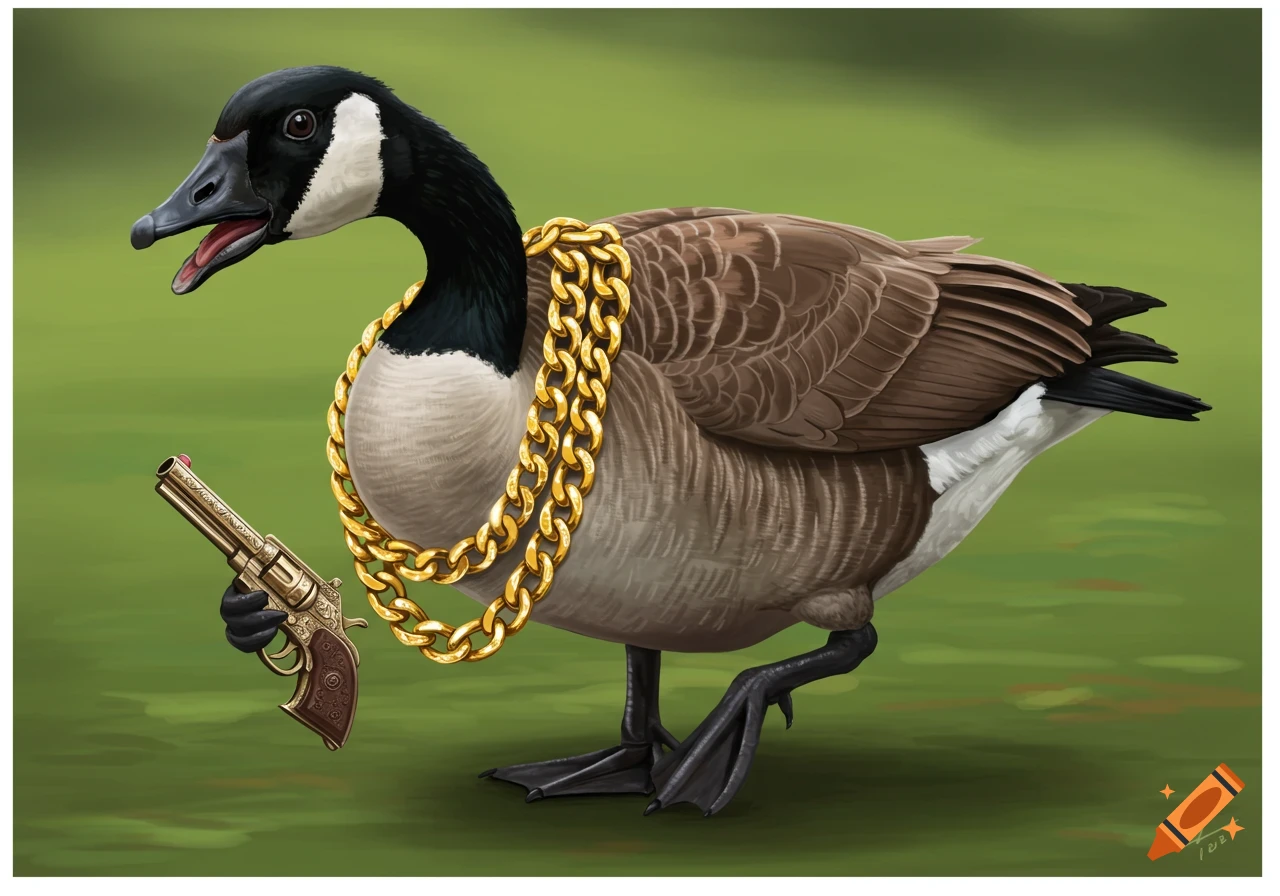 Angry Canada goose wearing a gold chain and holding a gun on Craiyon