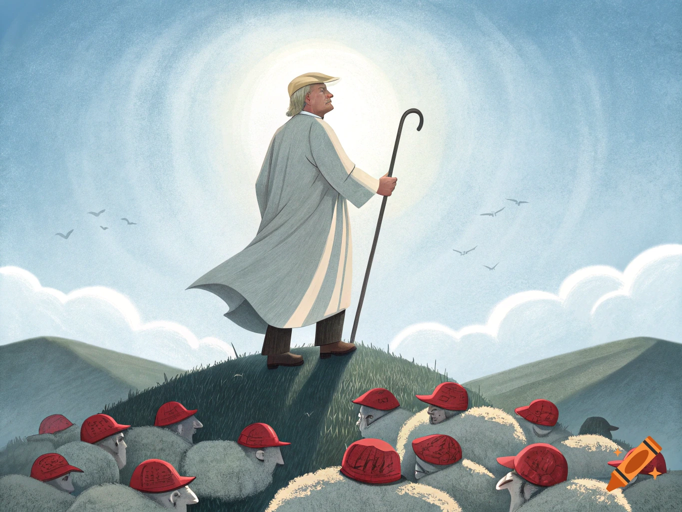 Illustration of a man resembling Donald Trump as a shepherd on a hill ...