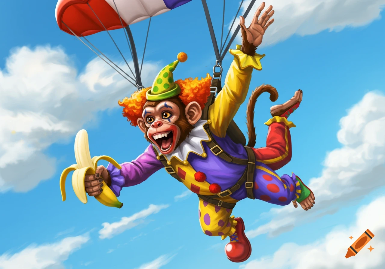 Cartoon monkey in a clown suit skydiving with a banana. on Craiyon