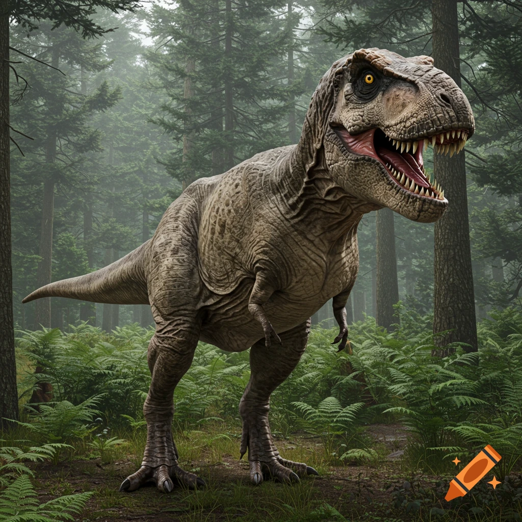 Realistic T-Rex standing in a prehistoric forest on Craiyon