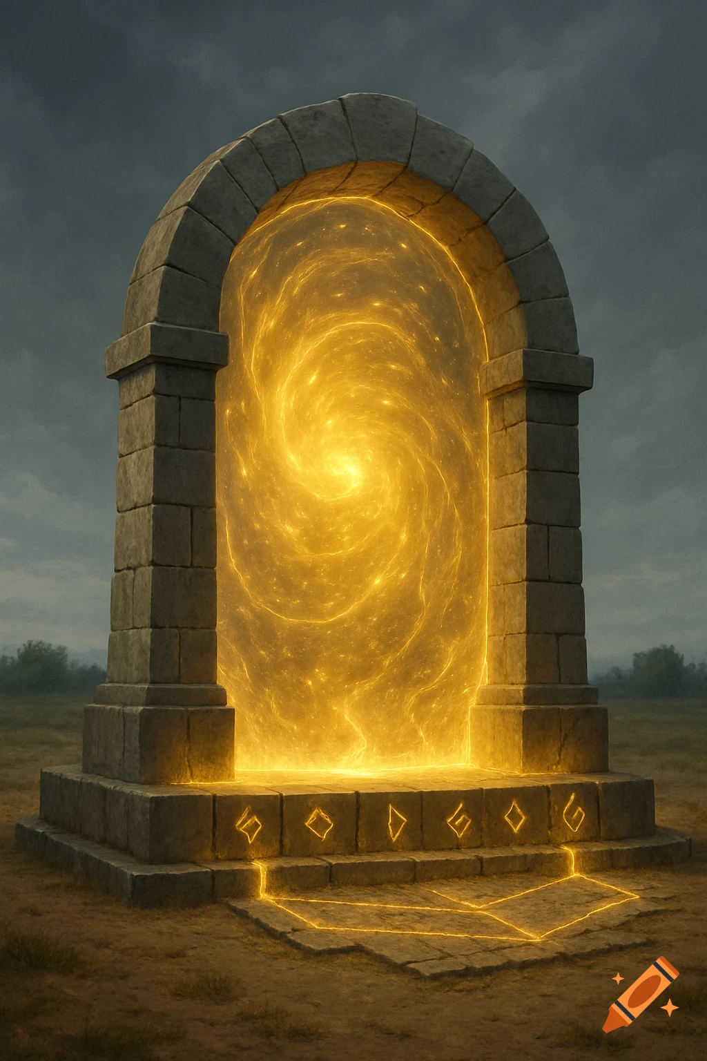 A stone archway stands in a field with a swirling golden energy portal ...