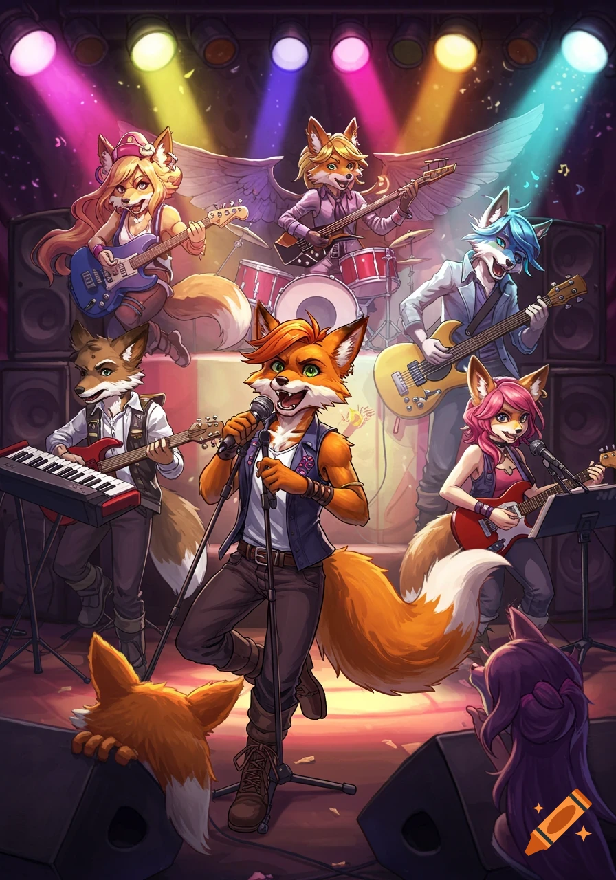 A band of anthropomorphic foxes playing musical instruments on a stage ...
