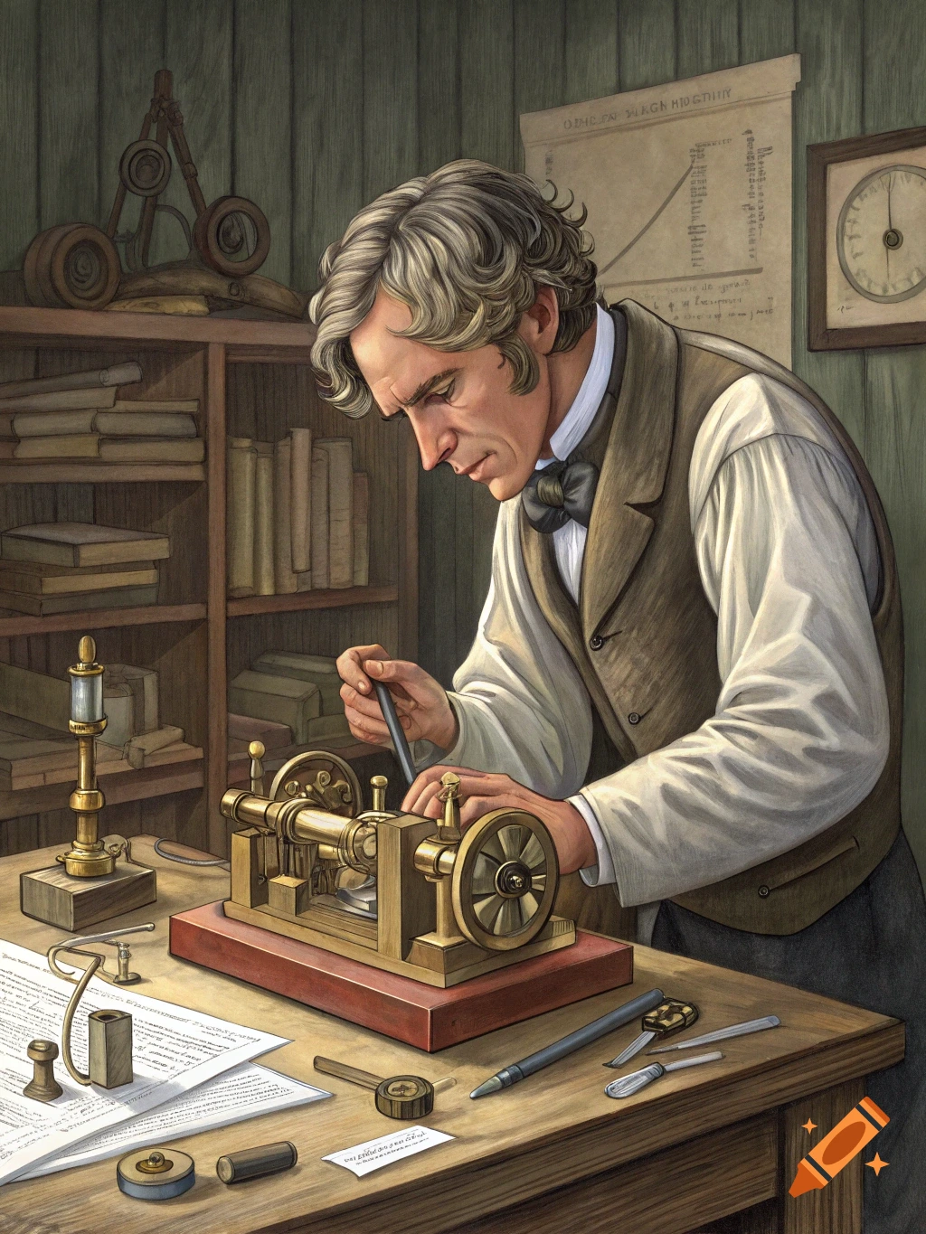 Illustration of Samuel Morse working on a telegraph machine in a ...