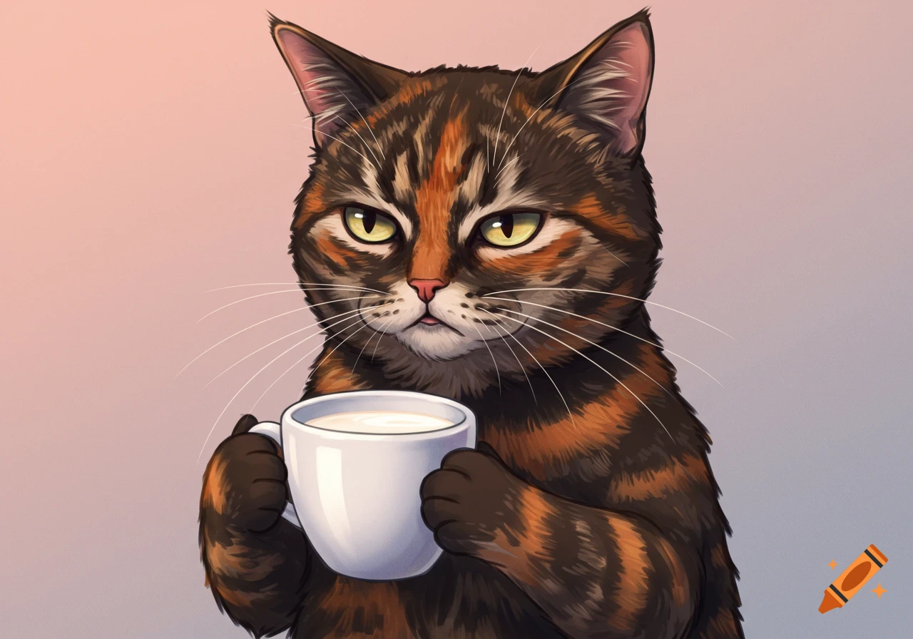 A tortoiseshell cat with an unimpressed expression holds a mug of milk ...