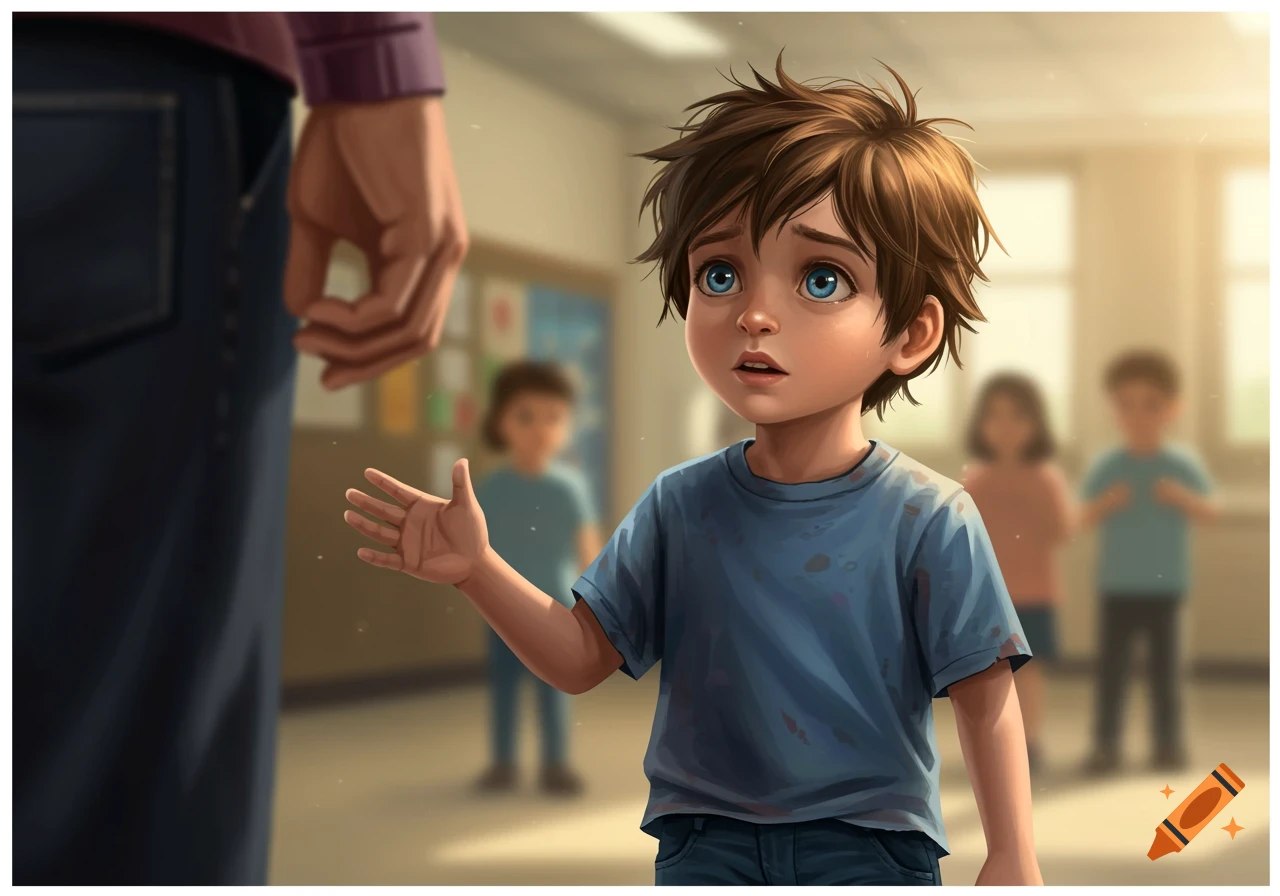 Illustration of a sad young boy reaching out to a blurred adult in a ...