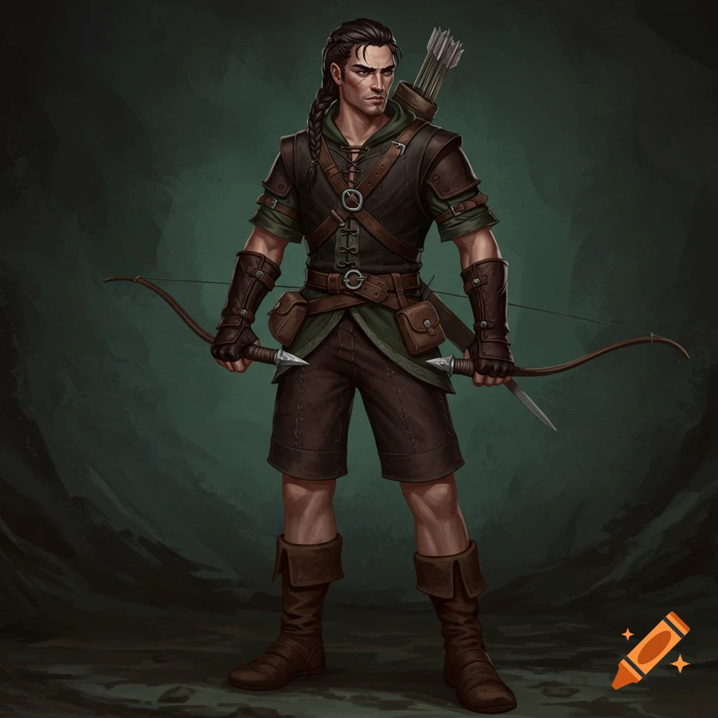 A male fantasy rogue character in leather armor holding a bow and ...