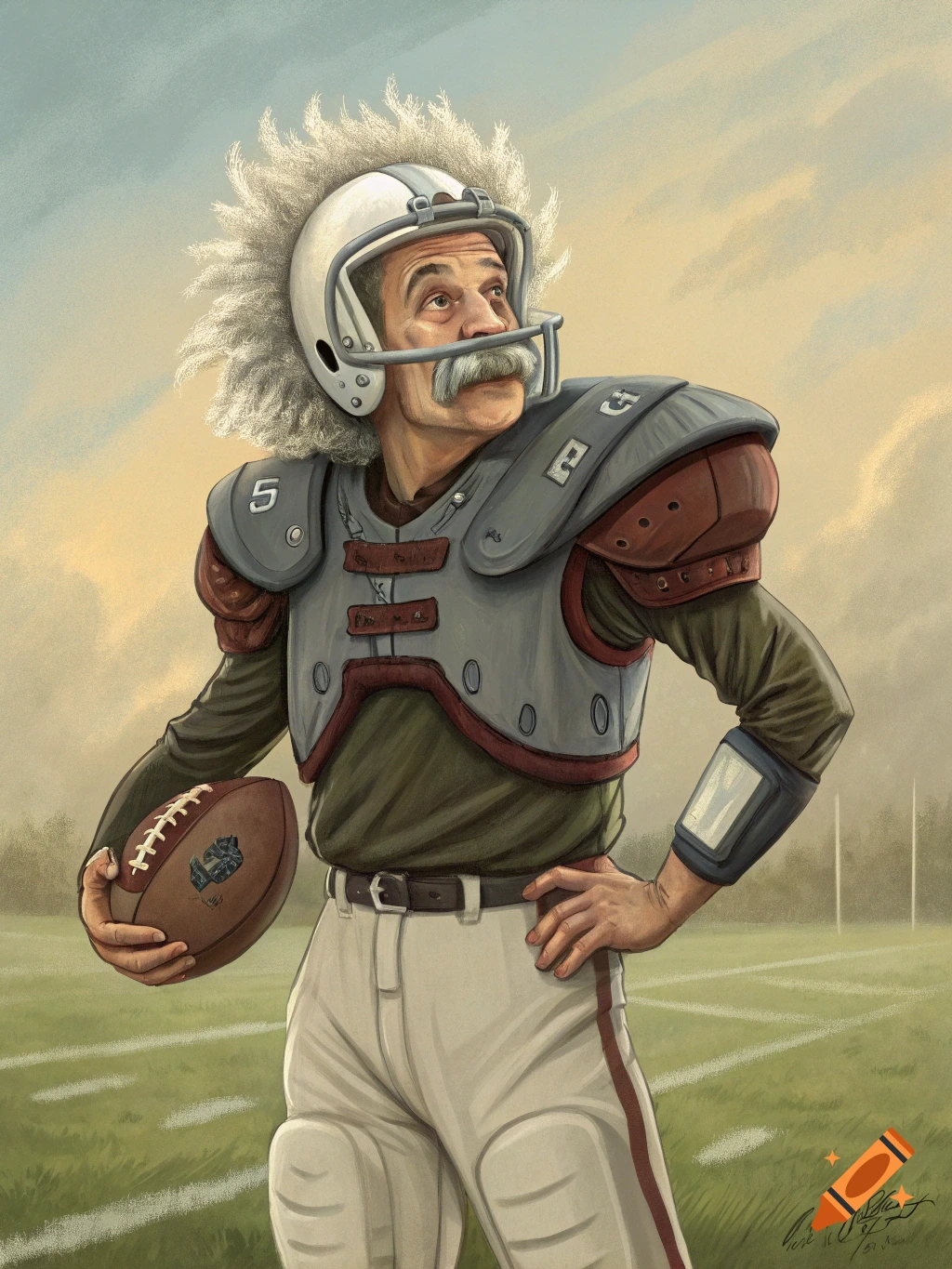 Illustration of Albert Einstein in football gear holding a football on ...
