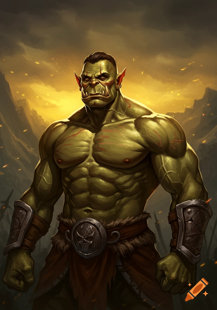 A muscular orc with tusks stands against a stormy sky. on Craiyon