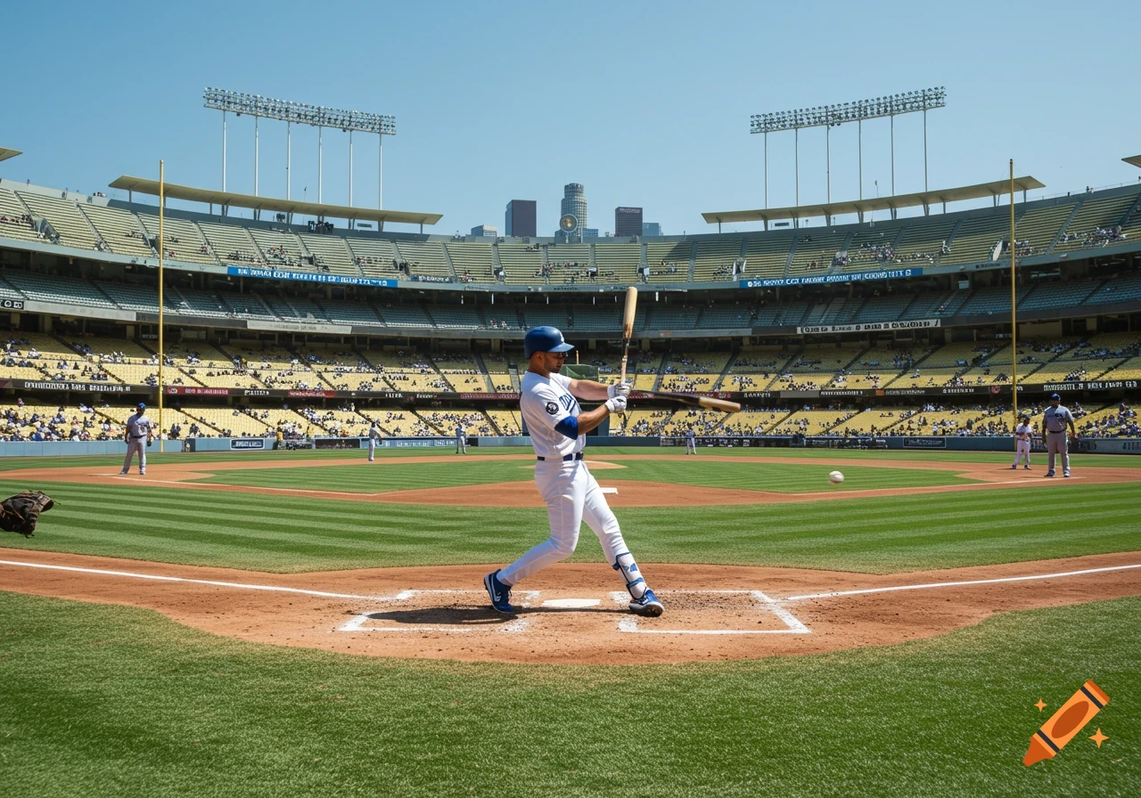 A baseball player swings a bat at a pitch in a sunny stadium. on Craiyon