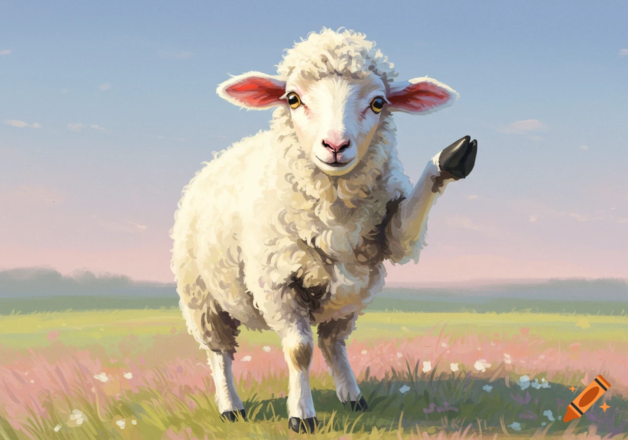 A painting of a sheep raising its hoof in a grassy field under a blue ...