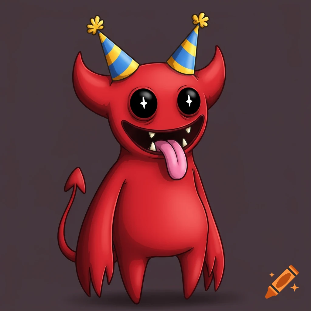 A red cartoon monster with party hats on its horns sticks out its ...