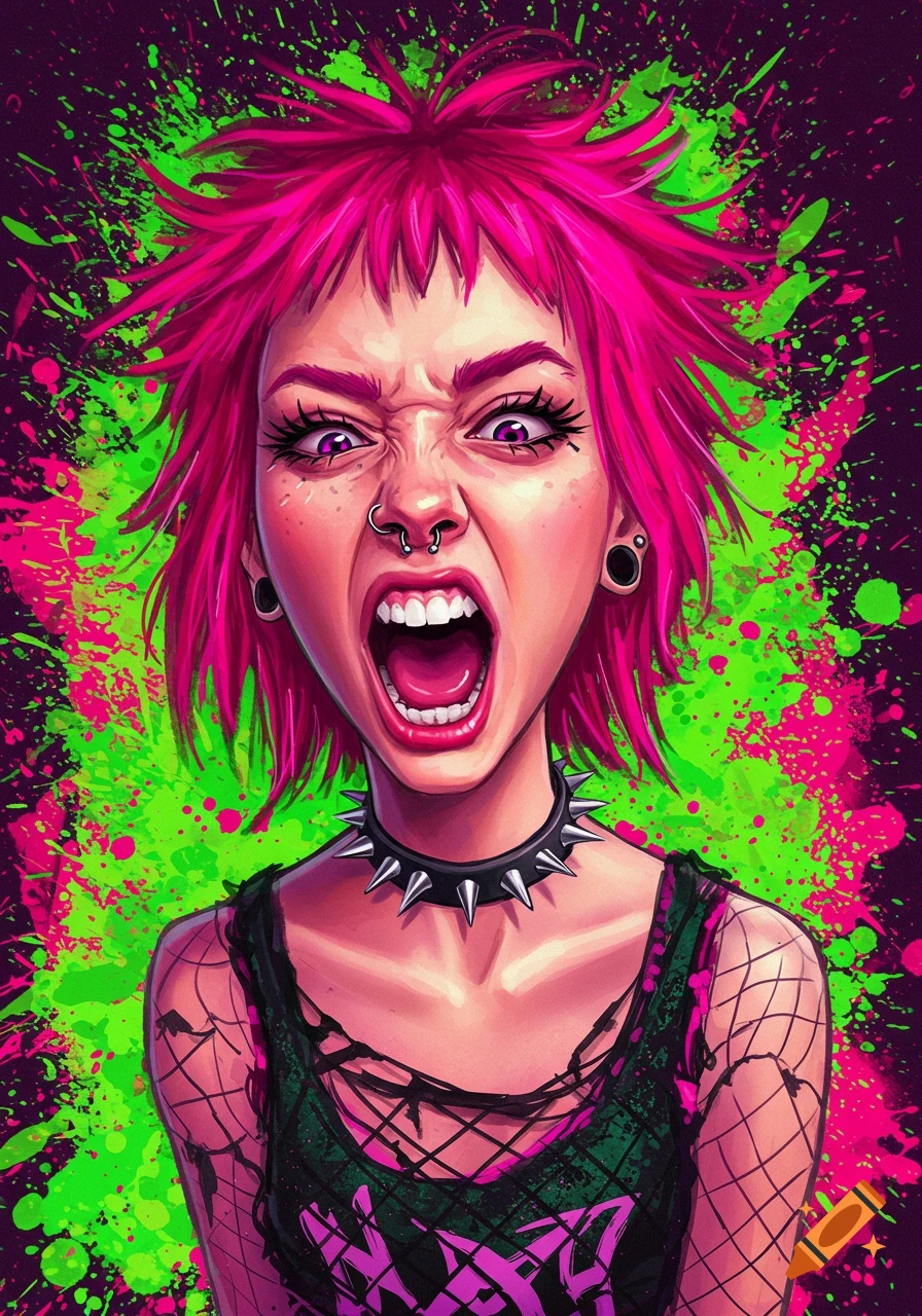 Illustration of a screaming punk girl with bright pink hair, a studded ...