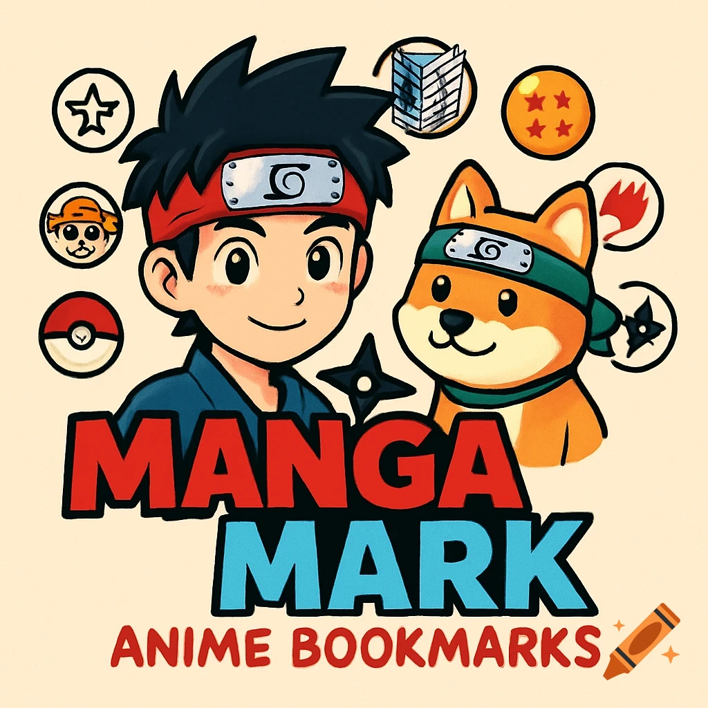 Anime style logo of boy and shiba dog with anime icons and text 'Manga ...