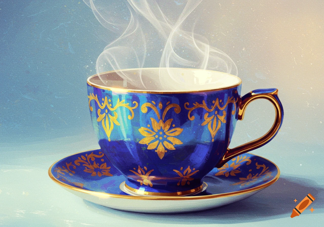 A blue teacup with gold patterns sits on a saucer, with steam rising ...