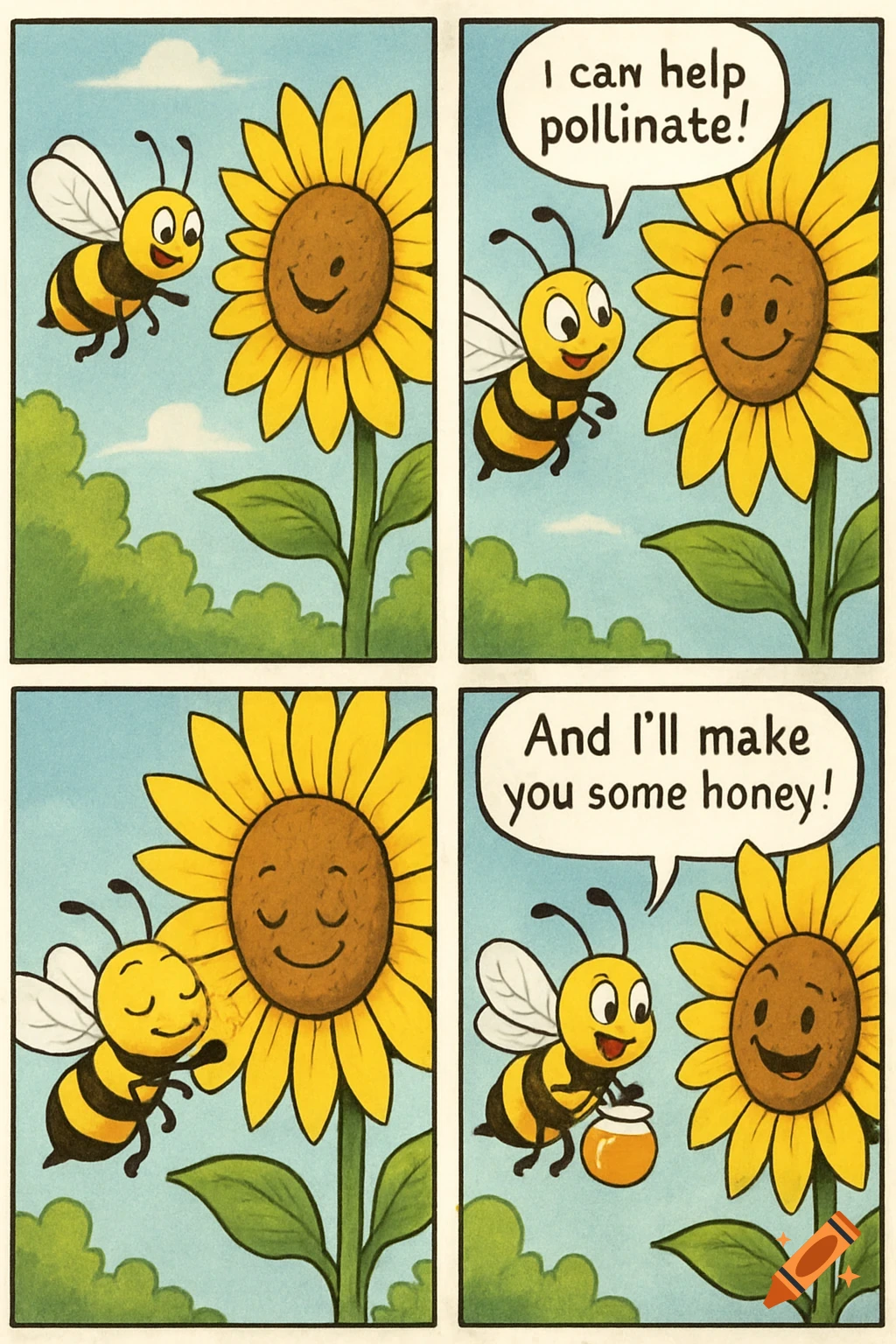 A four-panel cartoon comic strip shows a bee and a sunflower discussing ...