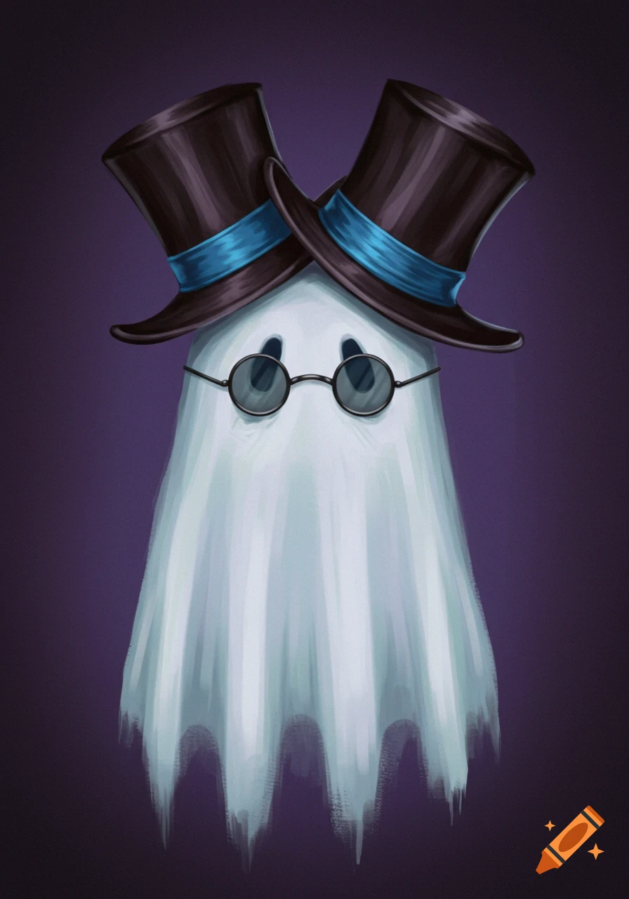 An illustration of a ghost wearing two top hats with blue bands and ...
