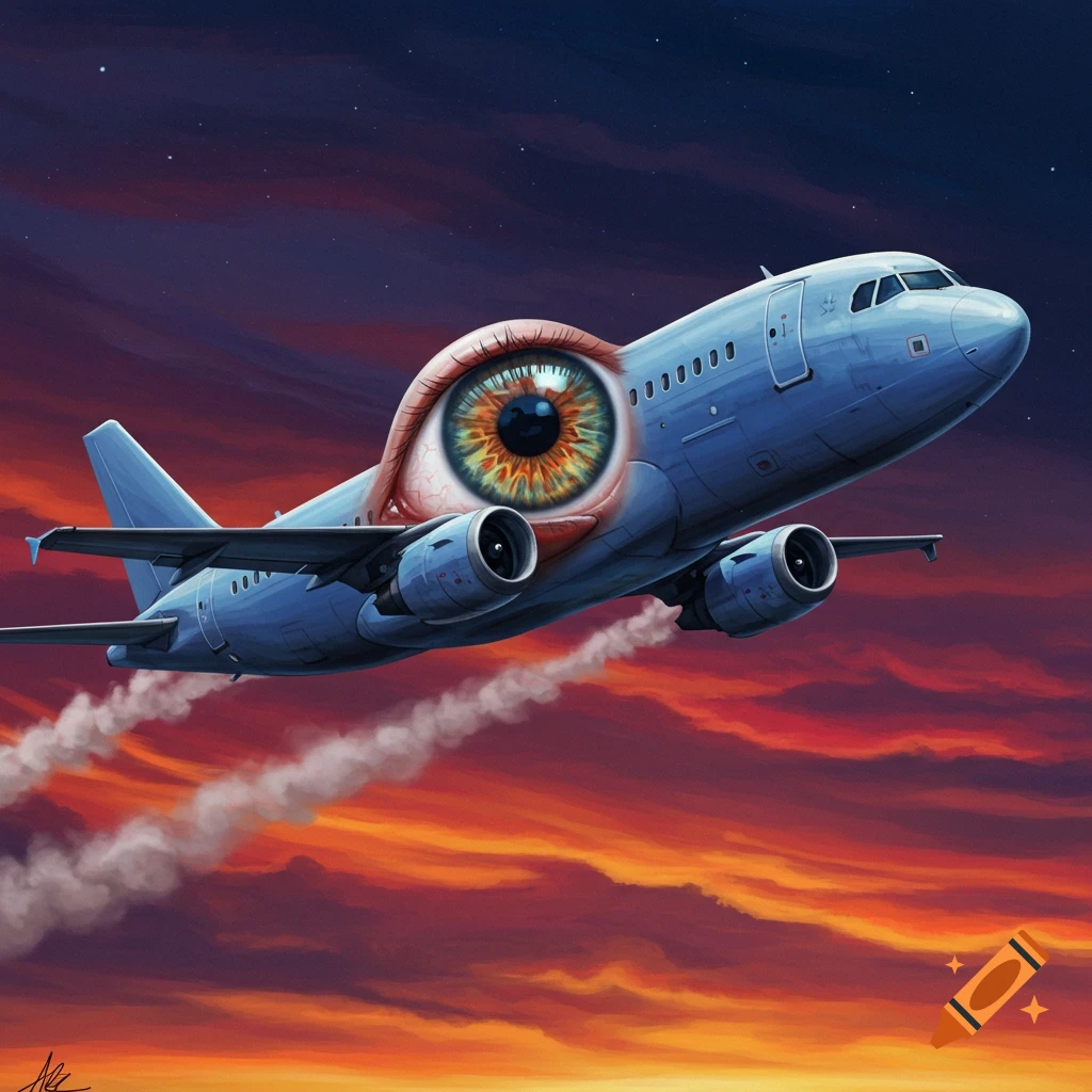 A blue airplane with a large human eye embedded in its side flies ...