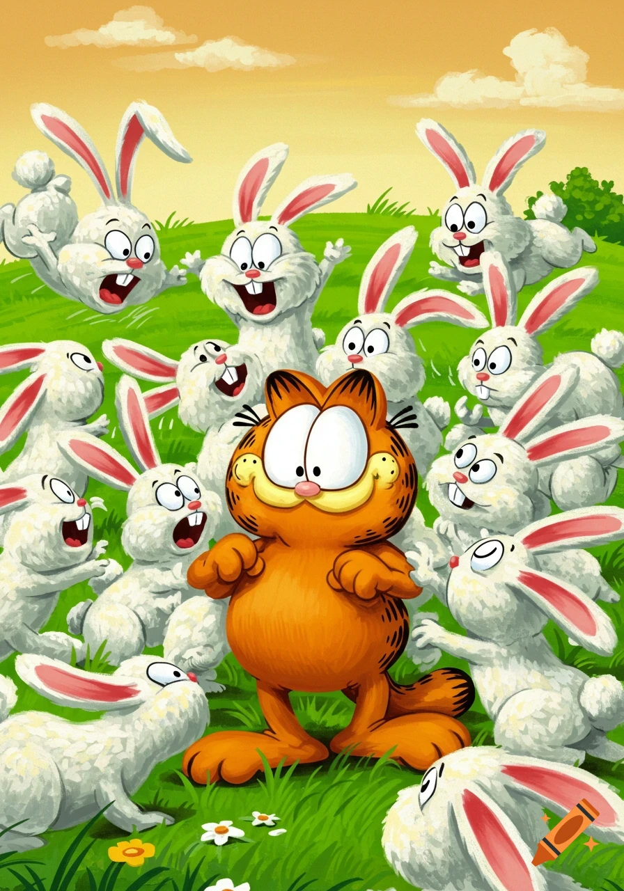 Cartoon illustration of Garfield surrounded by excited white bunnies in ...
