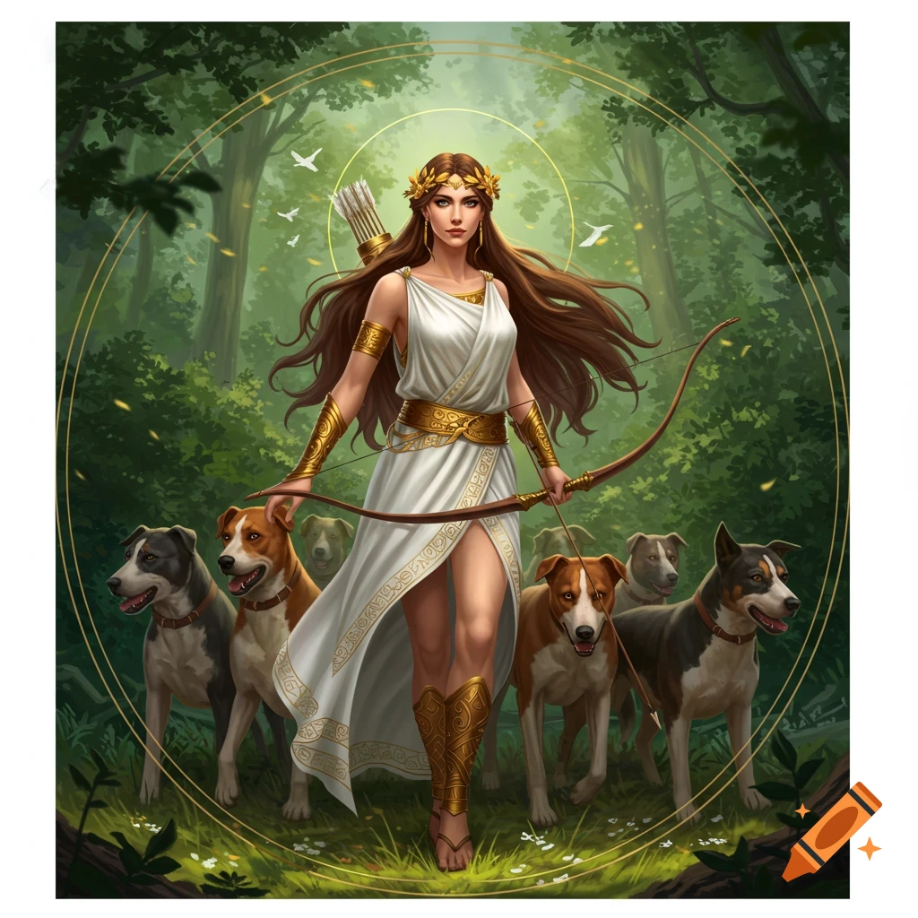Greek goddess Artemis in a forest with hounds, holding a bow. on Craiyon