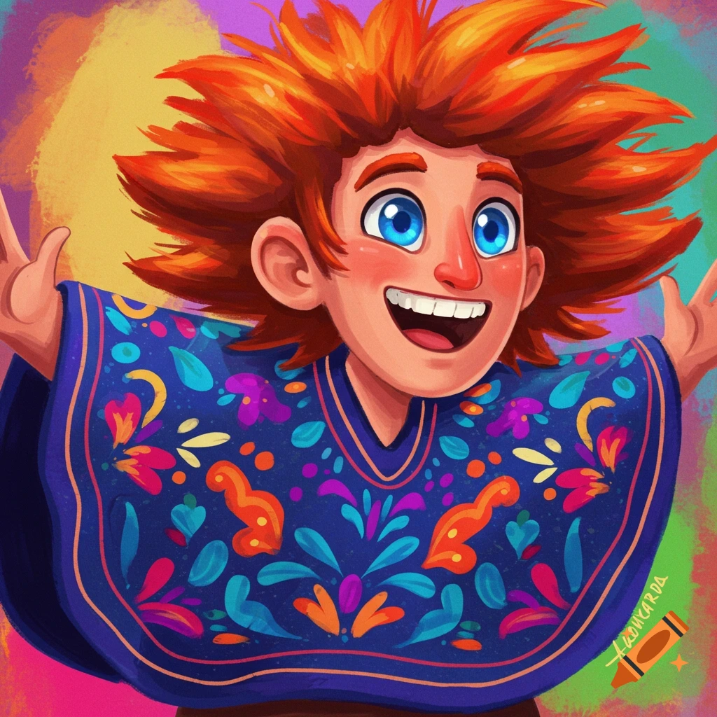 Cartoon illustration of a joyful character with orange hair and ...