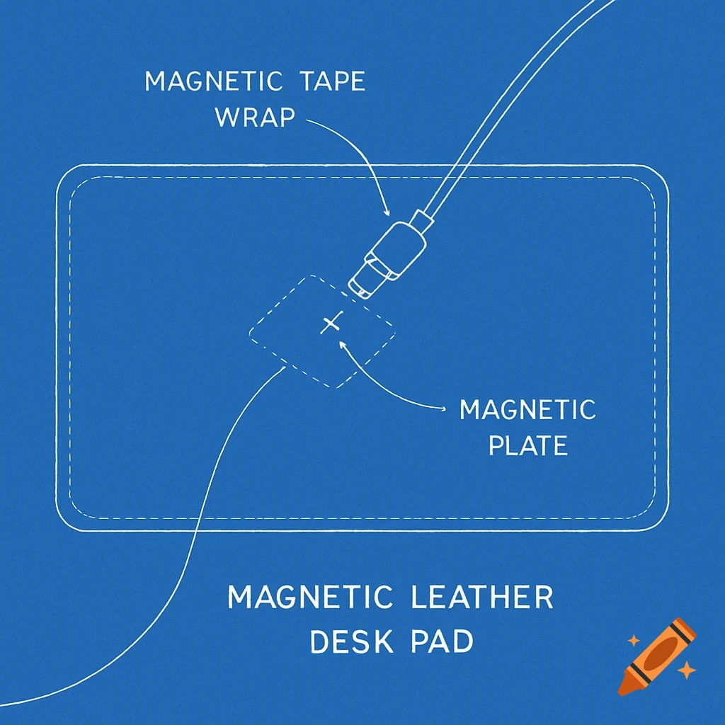 A blueprint-style diagram shows a desk pad with an embedded magnetic ...