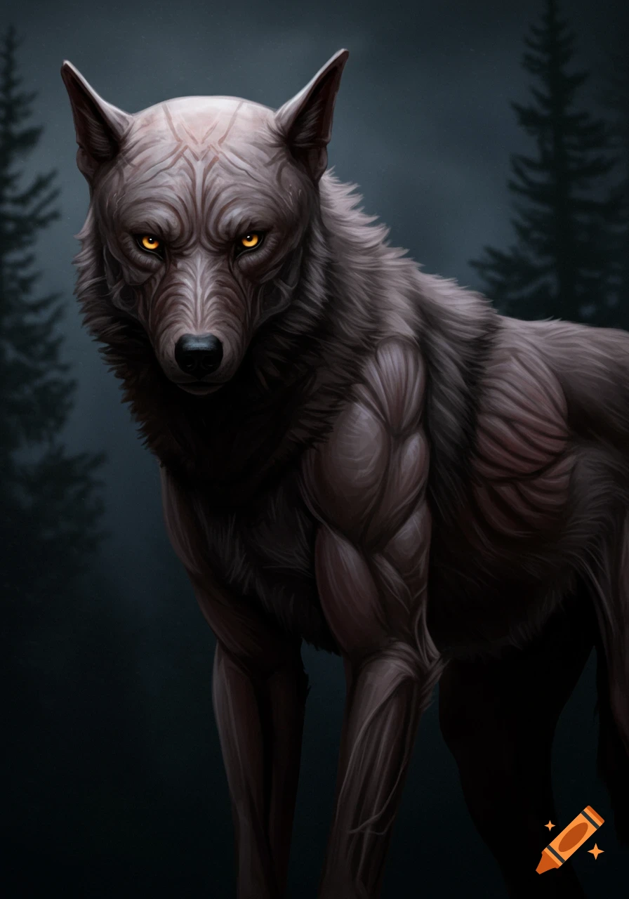 Muscular wolf with glowing eyes and bald head in a dark forest ...
