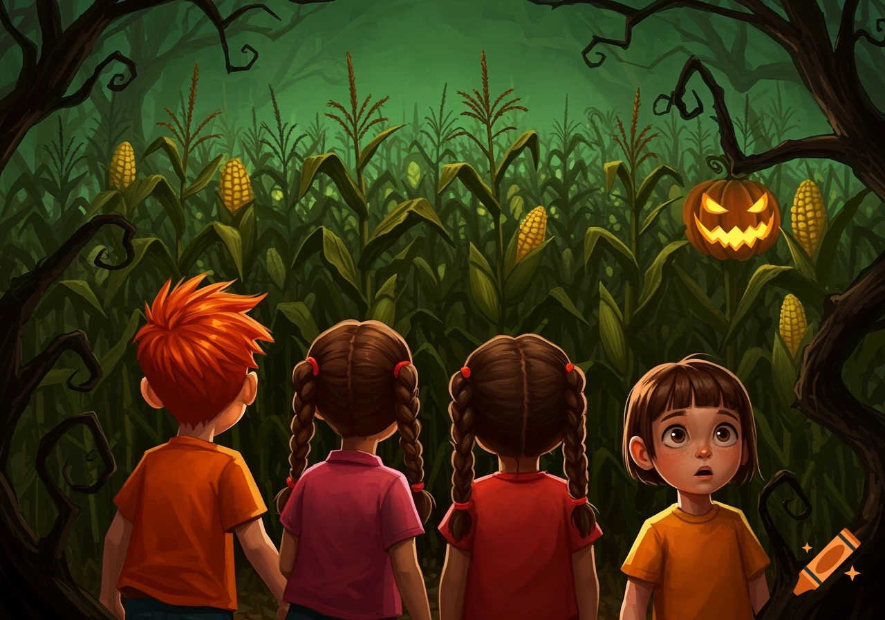 Cartoon illustration of children looking back at a spooky corn maze ...
