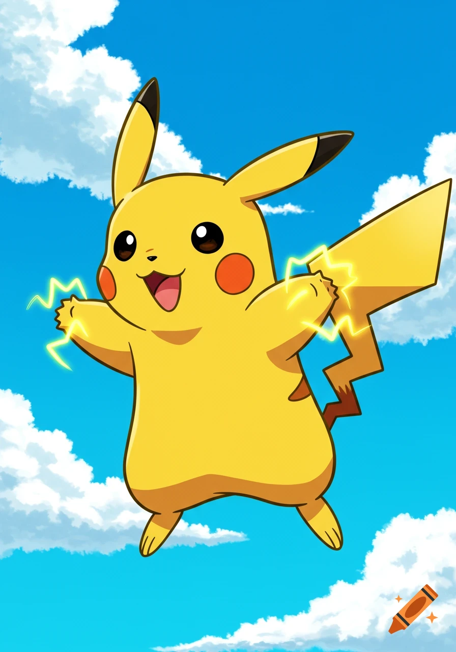 A smiling cartoon Pikachu floats in a blue sky with white clouds. on ...