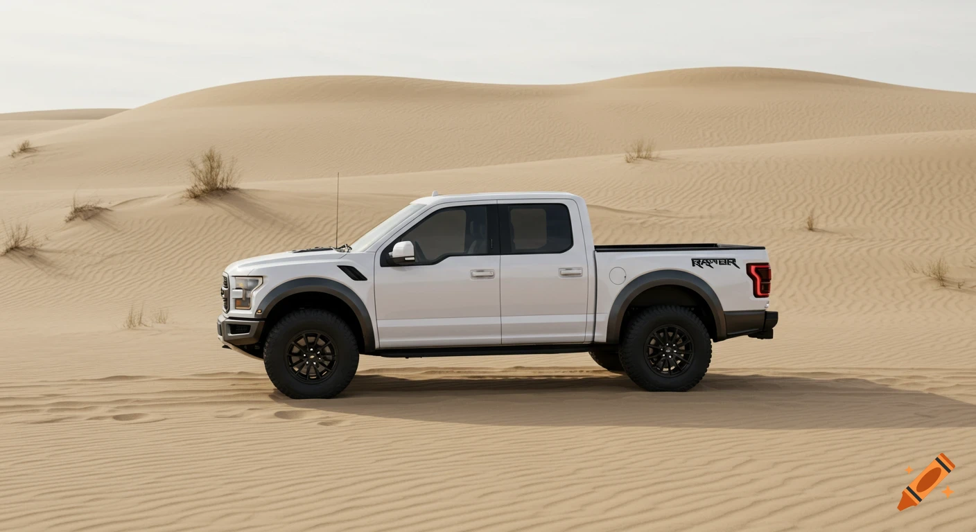 White Ford Raptor truck parked in sand dunes. on Craiyon