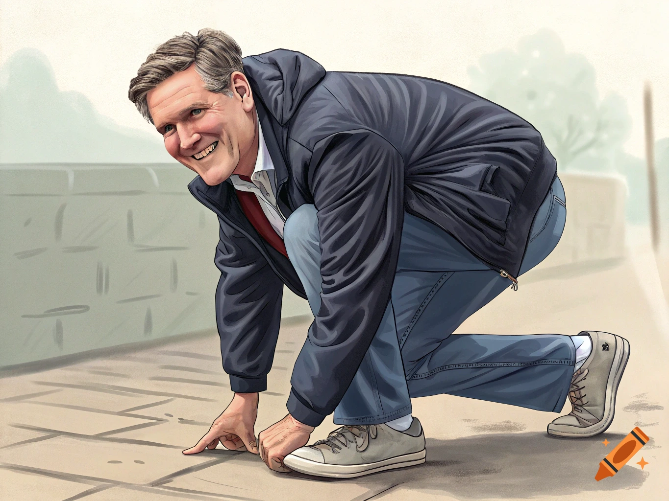 Illustration of Keir Starmer bending over and smiling outdoors on Craiyon
