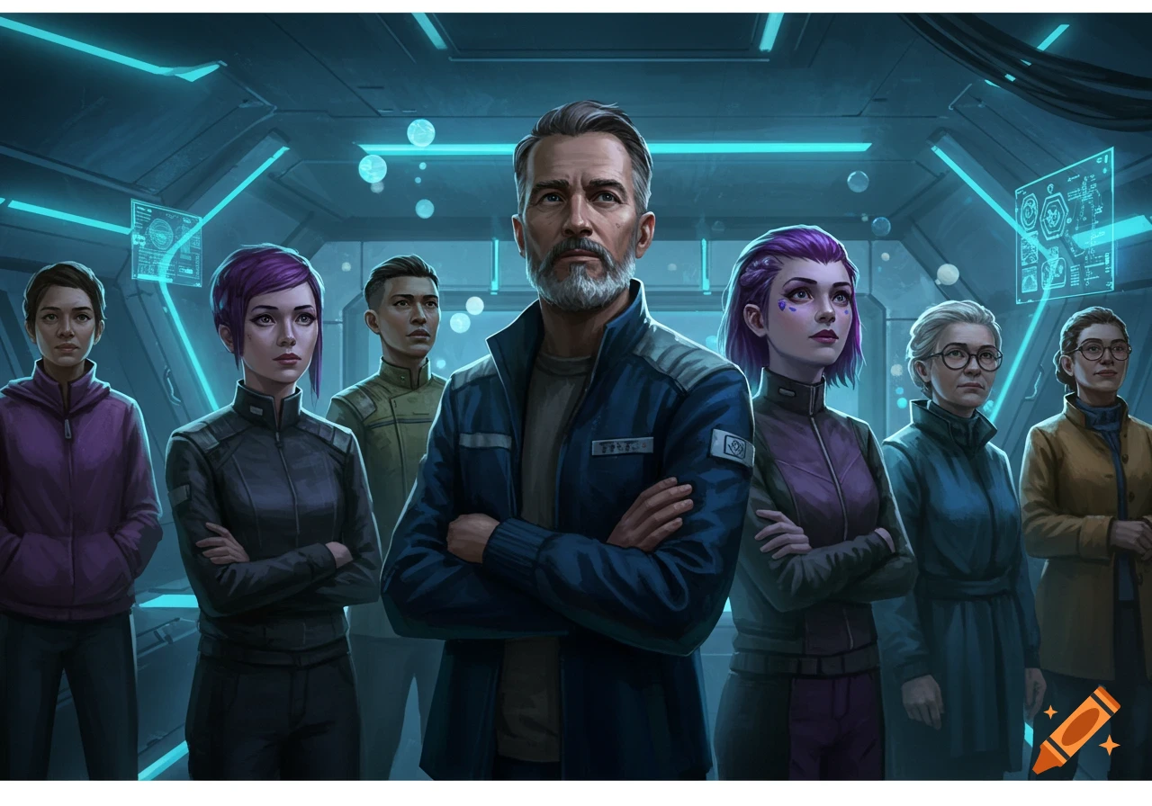 A diverse group of scientists or crew members stand in a sci-fi control ...