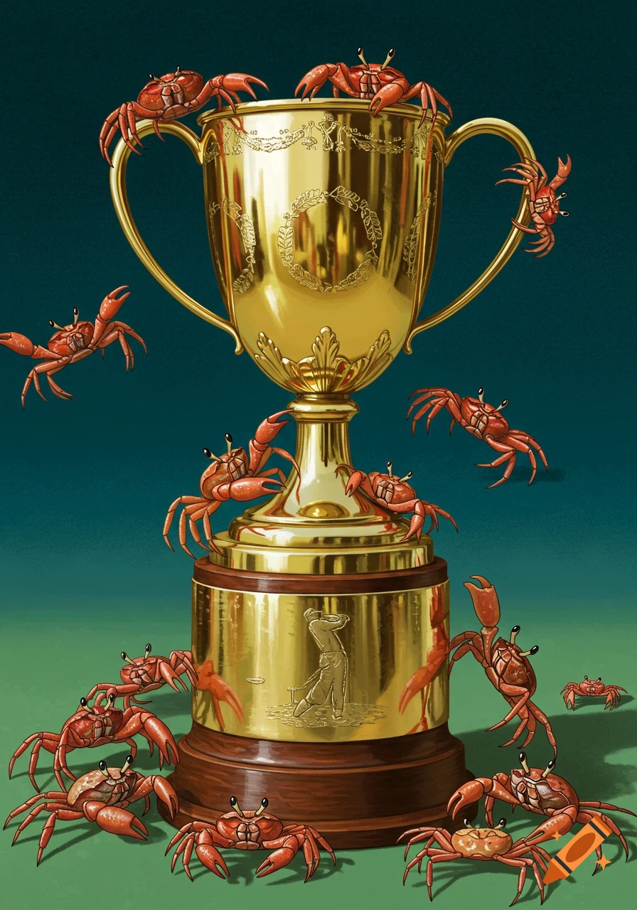 A gold golf trophy is swarmed by many red crabs on a green surface. on ...