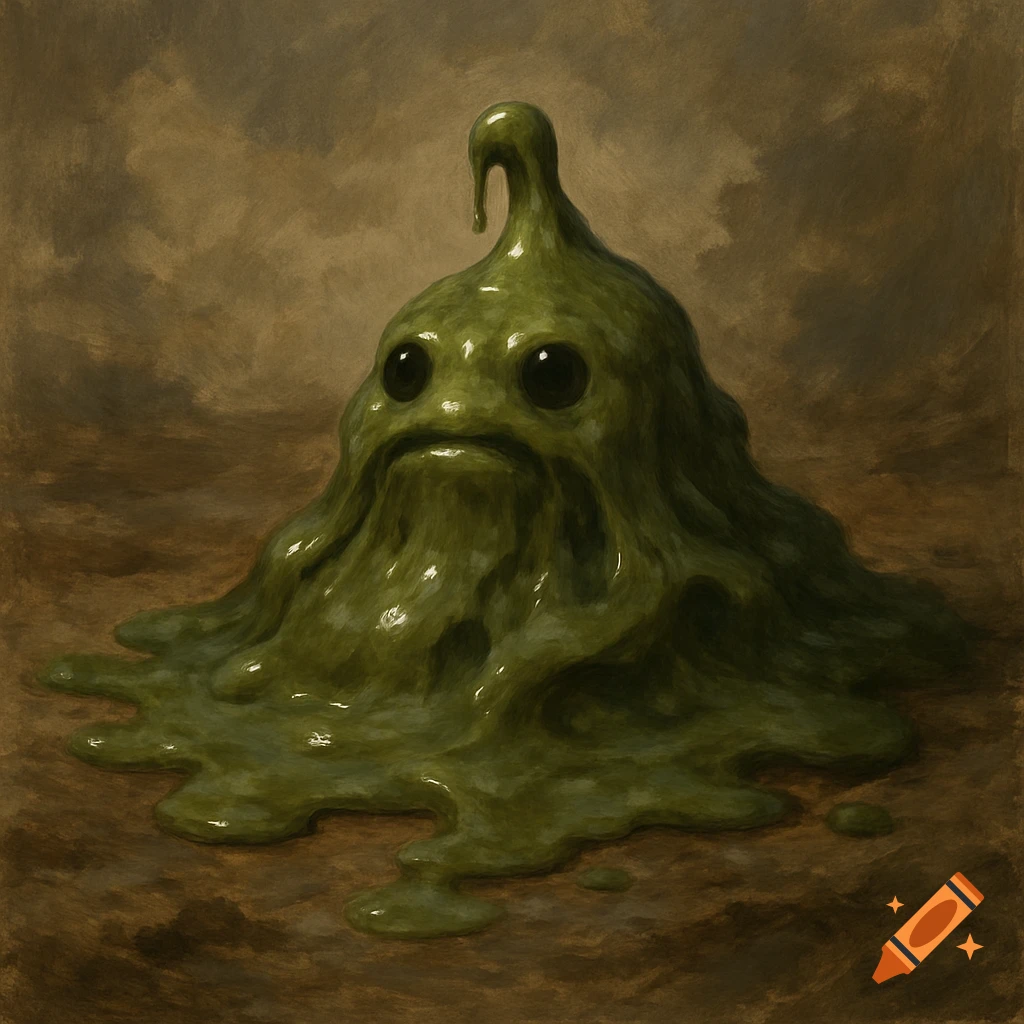 A sad, green slime monster with large eyes is painted on a brown ...