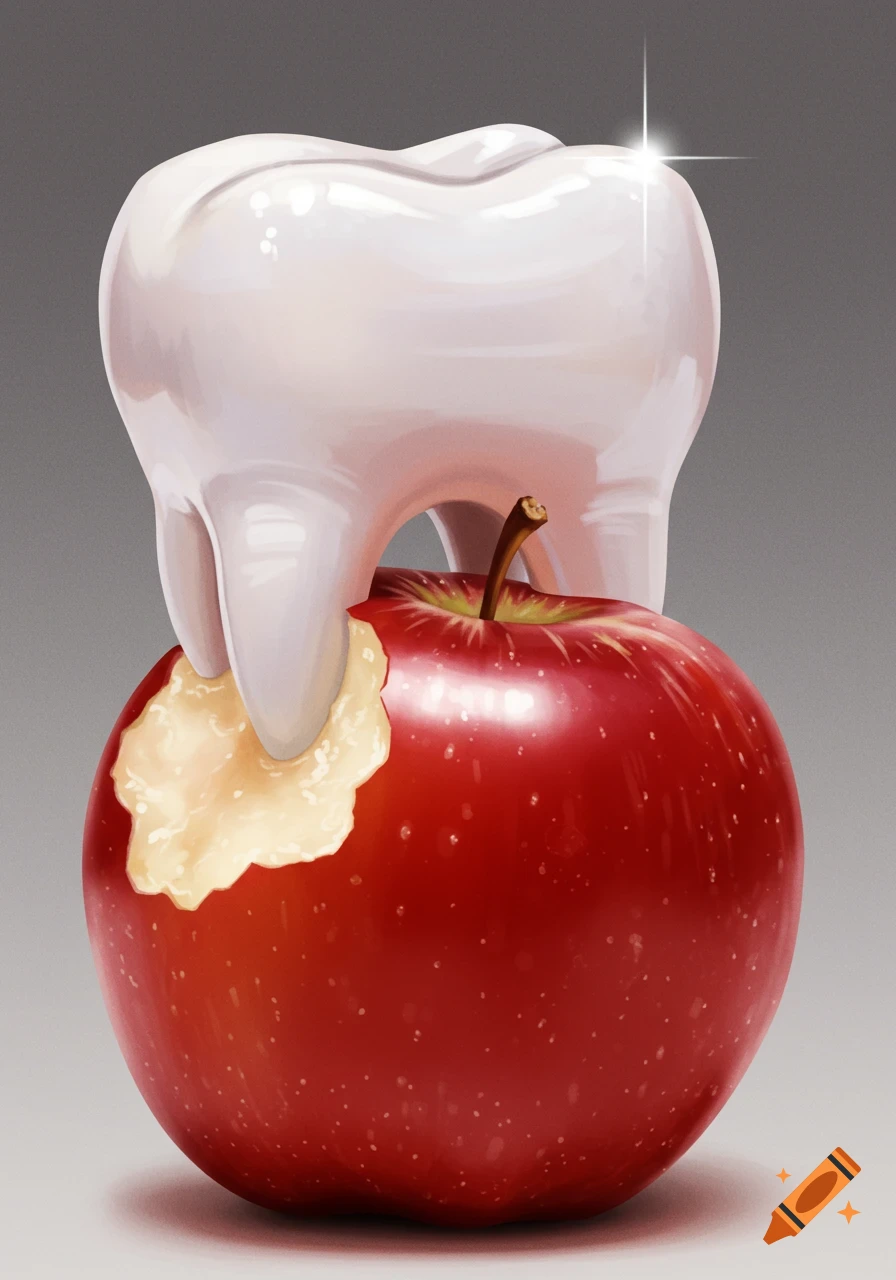 A large white tooth biting a red apple, stylized render. on Craiyon
