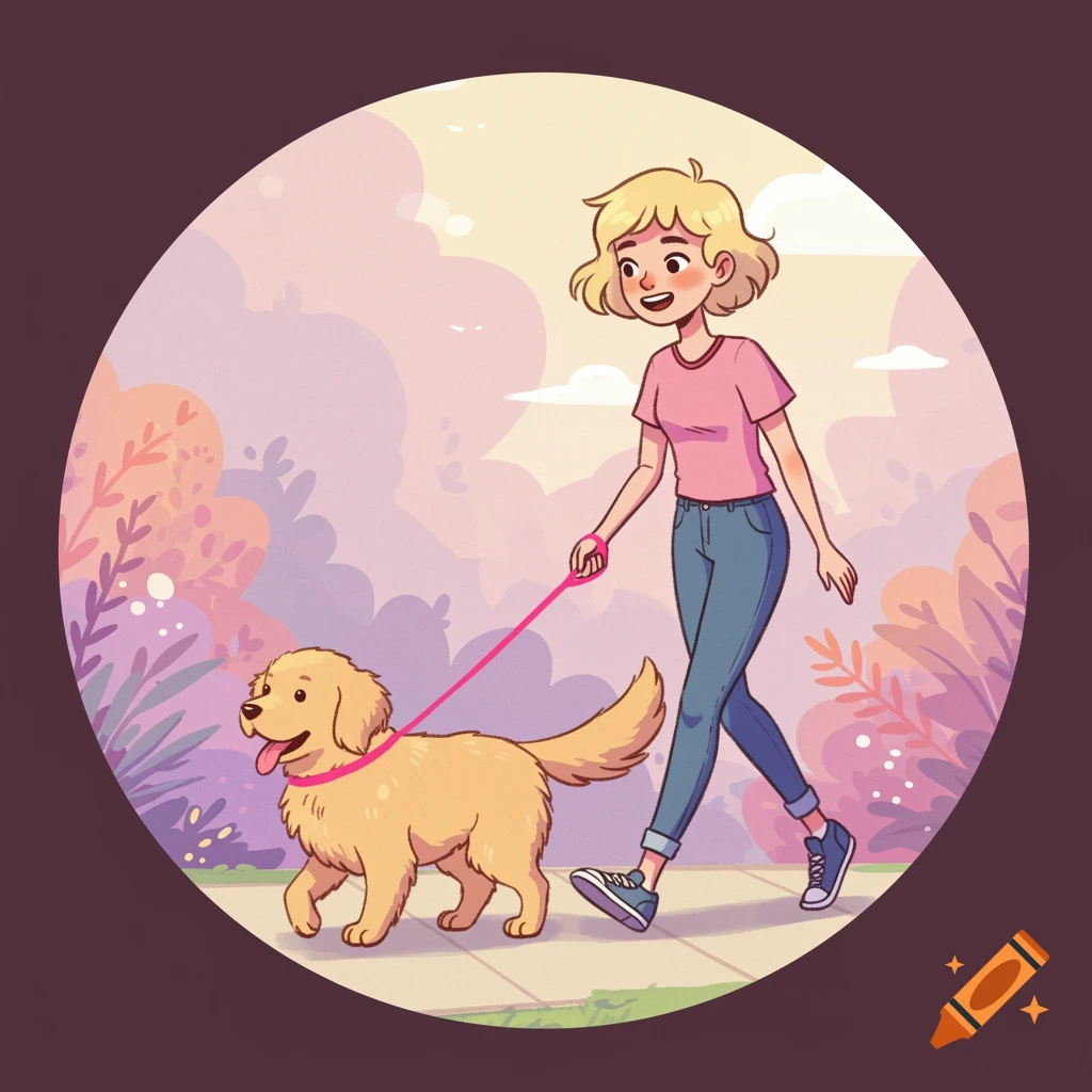 A young woman walks a golden retriever on a leash, animated style in a circle frame. on Craiyon
