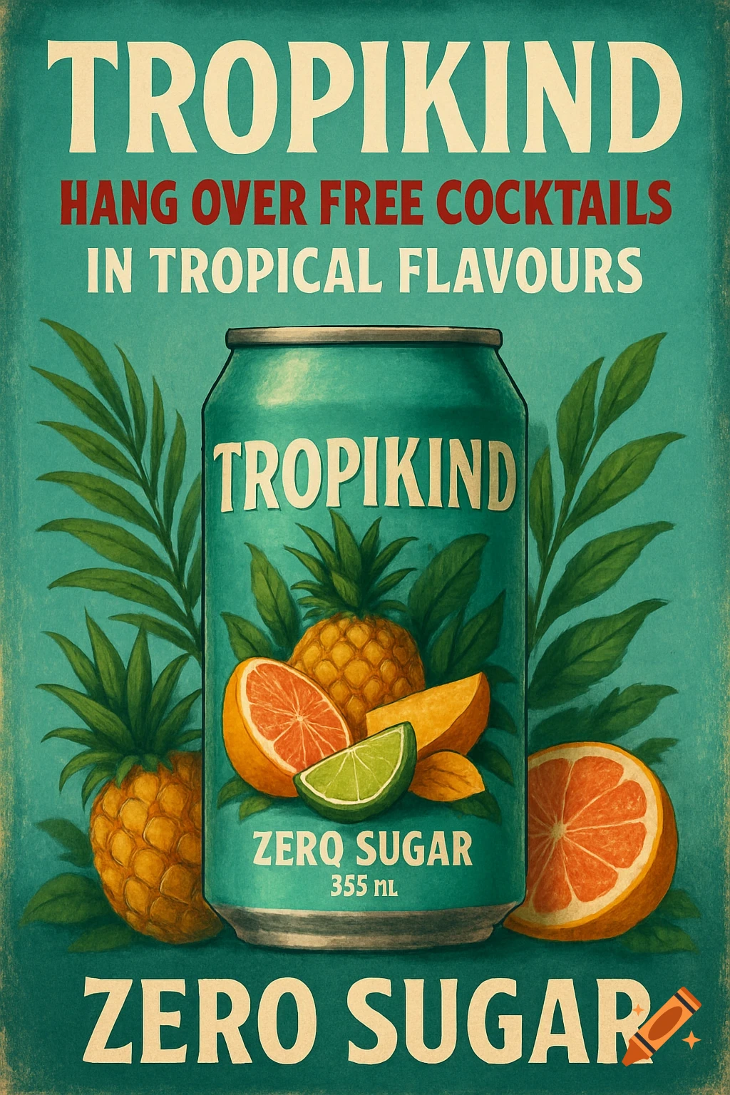 Retro poster of a tropical drink can with pineapples and citrus fruits ...