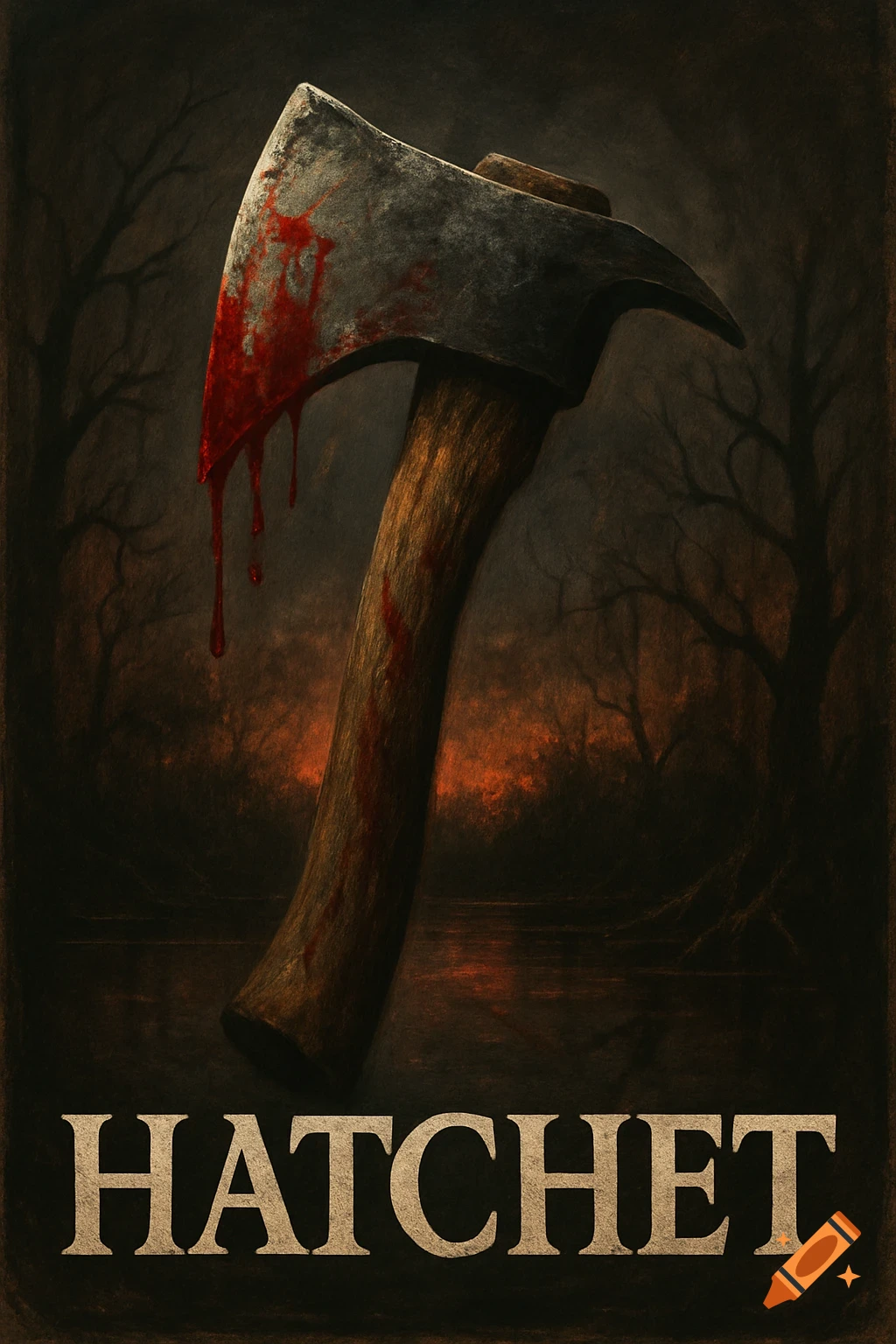 Bloody hatchet in a dark forest with title 'HATCHET' below, like a ...