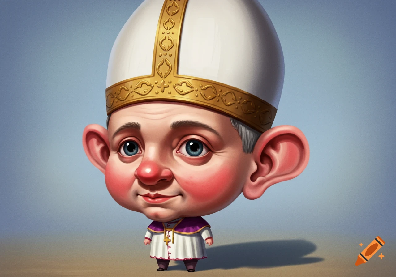 Cartoon caricature of a man with a large head wearing a pope hat and ...