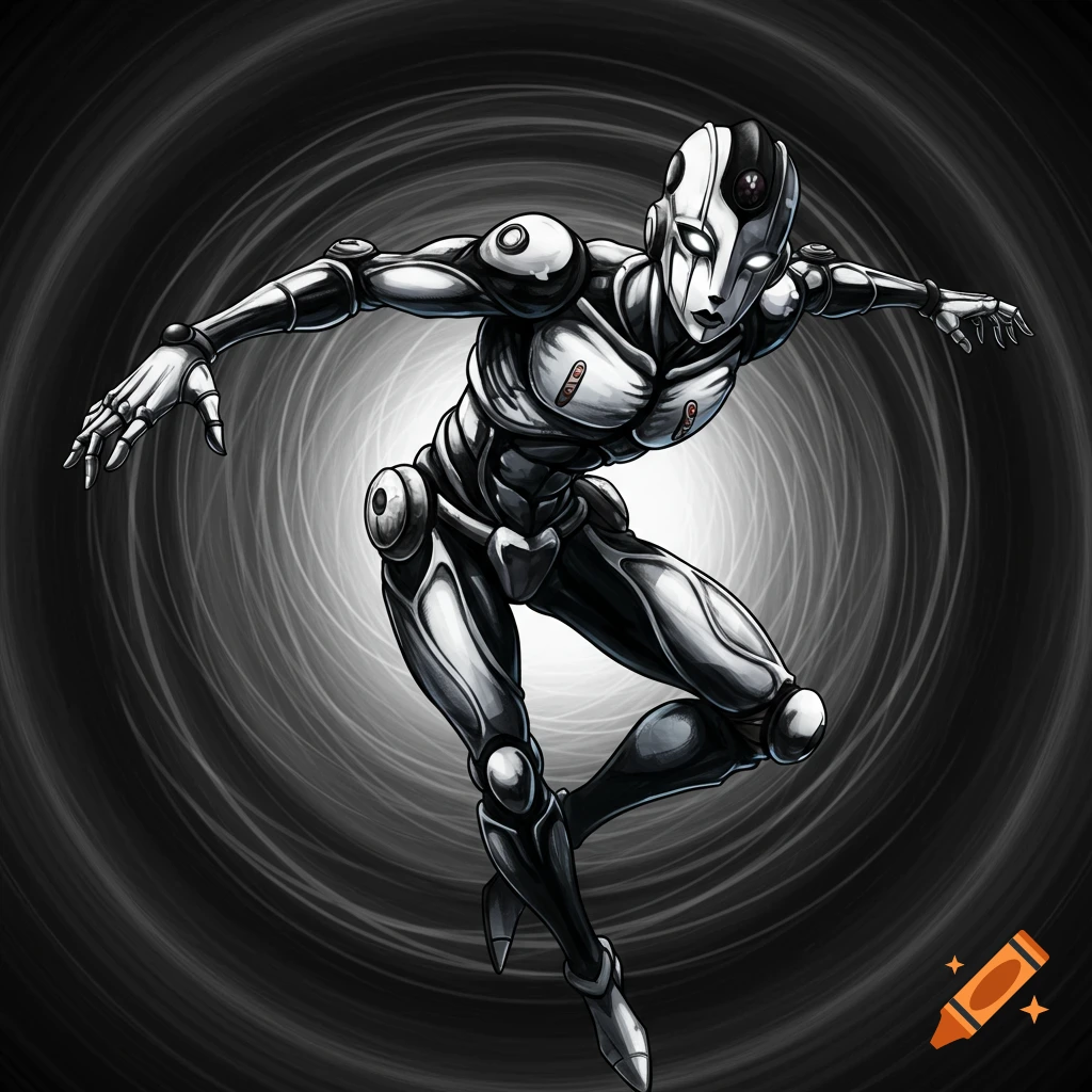 Monochrome anime-style robot figure in a dynamic pose against a ...