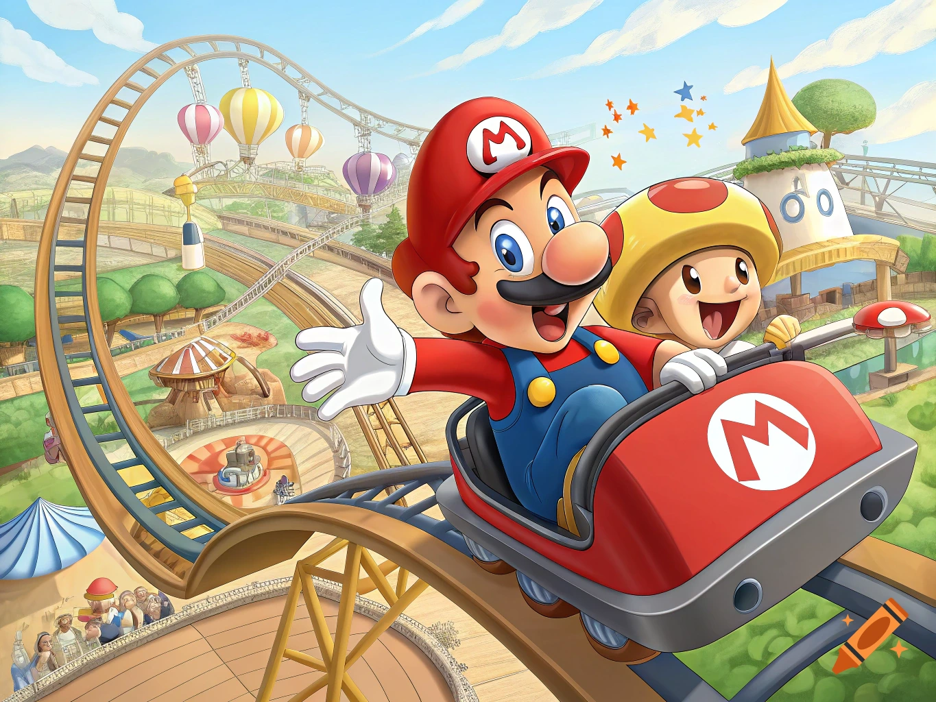 Cartoon illustration of Mario and Toad riding a roller coaster at an ...